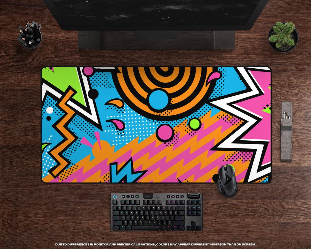 Chromatic Colors Desk Mat • 80s Retro Geometric Chaos Design, XL Gaming ...