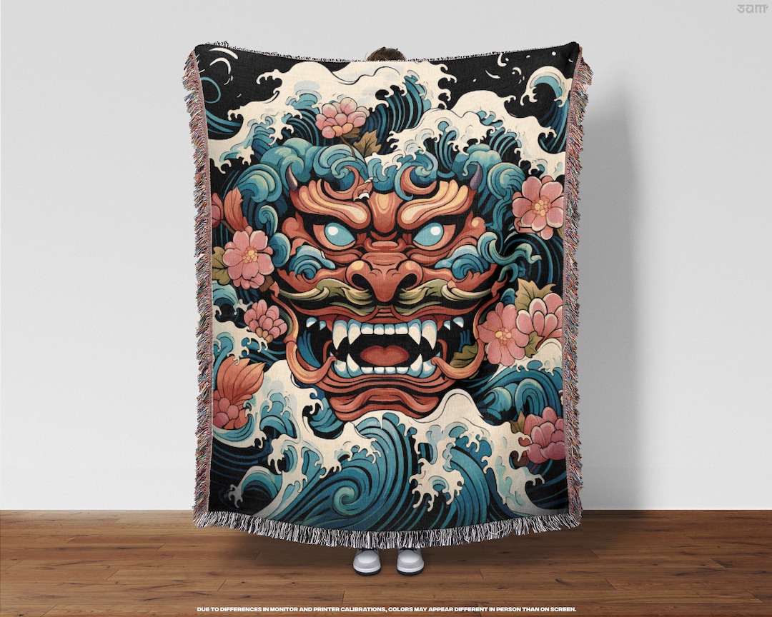Kabuki Dragon Woven Blanket • Blue Waves, Mythical, Flowers ...