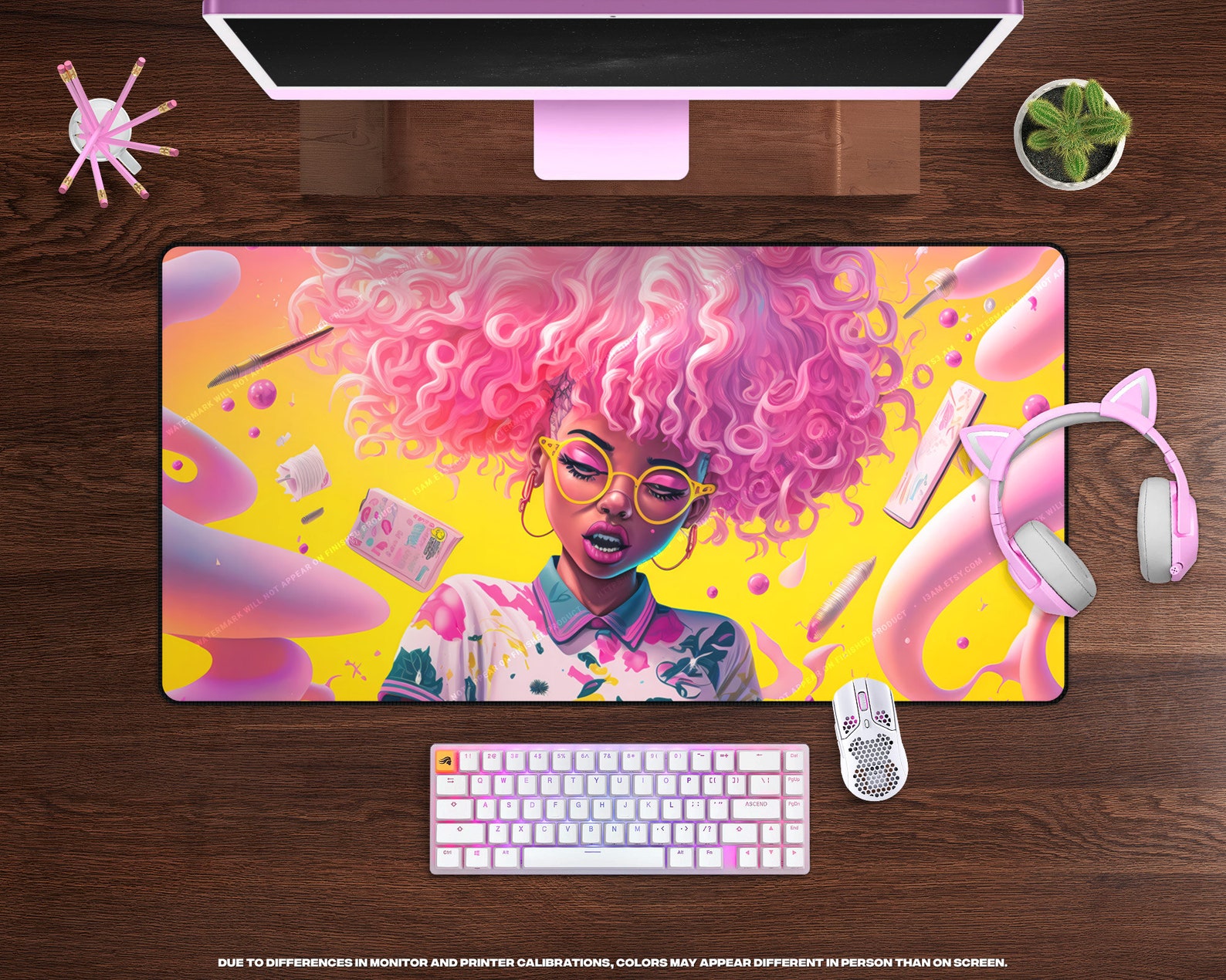 Kawaii Curls Gaming Mouse Pad Anime Pink Hair Brown Skin - Etsy