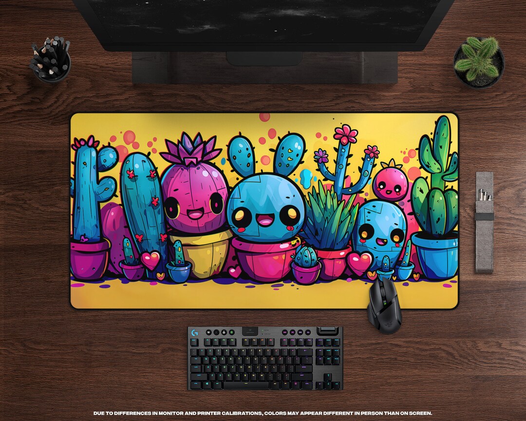 Happy Cacti Desk Mat • XL Gaming Mousepad, Cute Kawaii Cactus Plants ...
