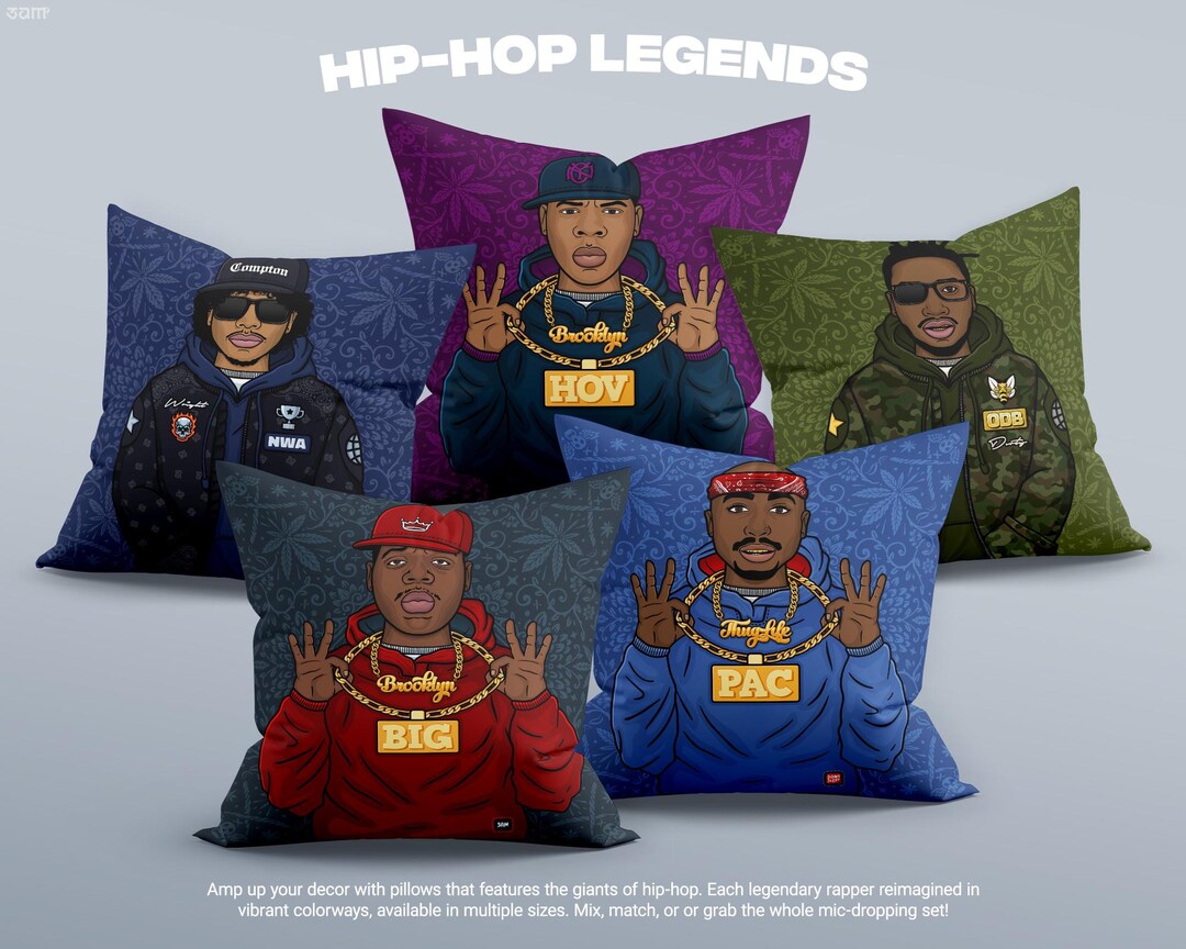 90s Hip-hop Legends Throw Pillows Iconic Rapper Illustrations in Bold ...