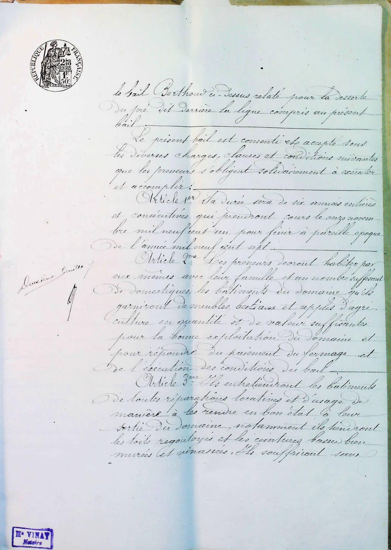 Antique French Notarial Deed – Handwritten Legal Document C.1900 ...