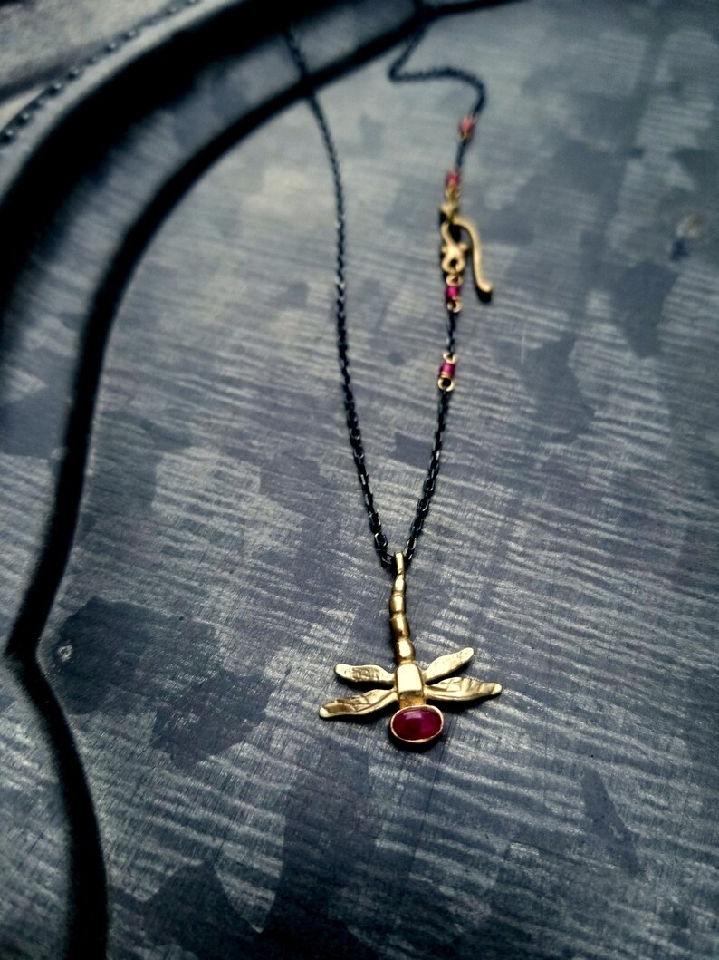 14k Gold Dragonfly Necklace Set With Ruby, OX SS Chain, 14k Emerald ...