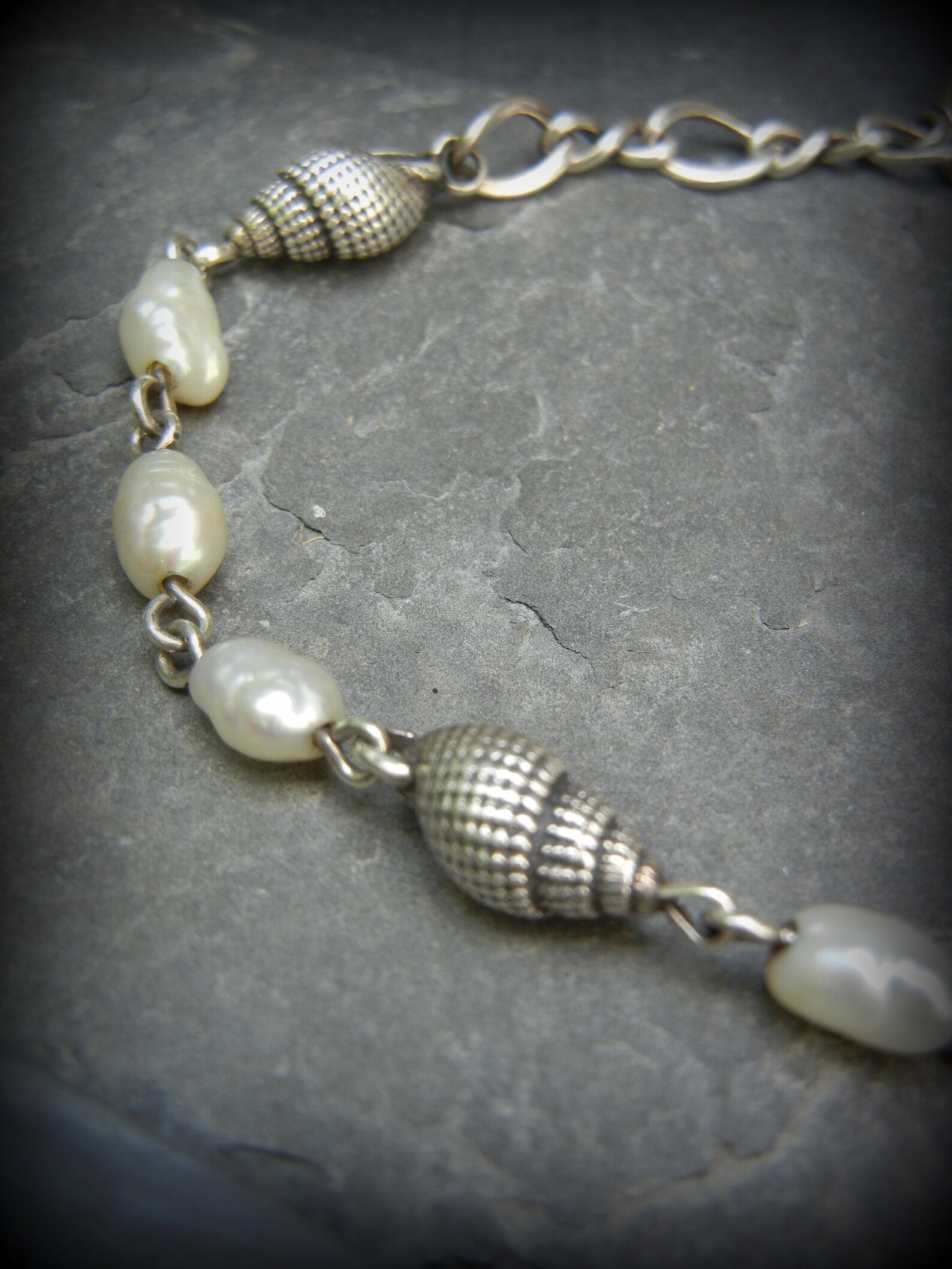 Snail Shell Bracelet, Pearl and Shell Bracelet, Antiqued Silver ...