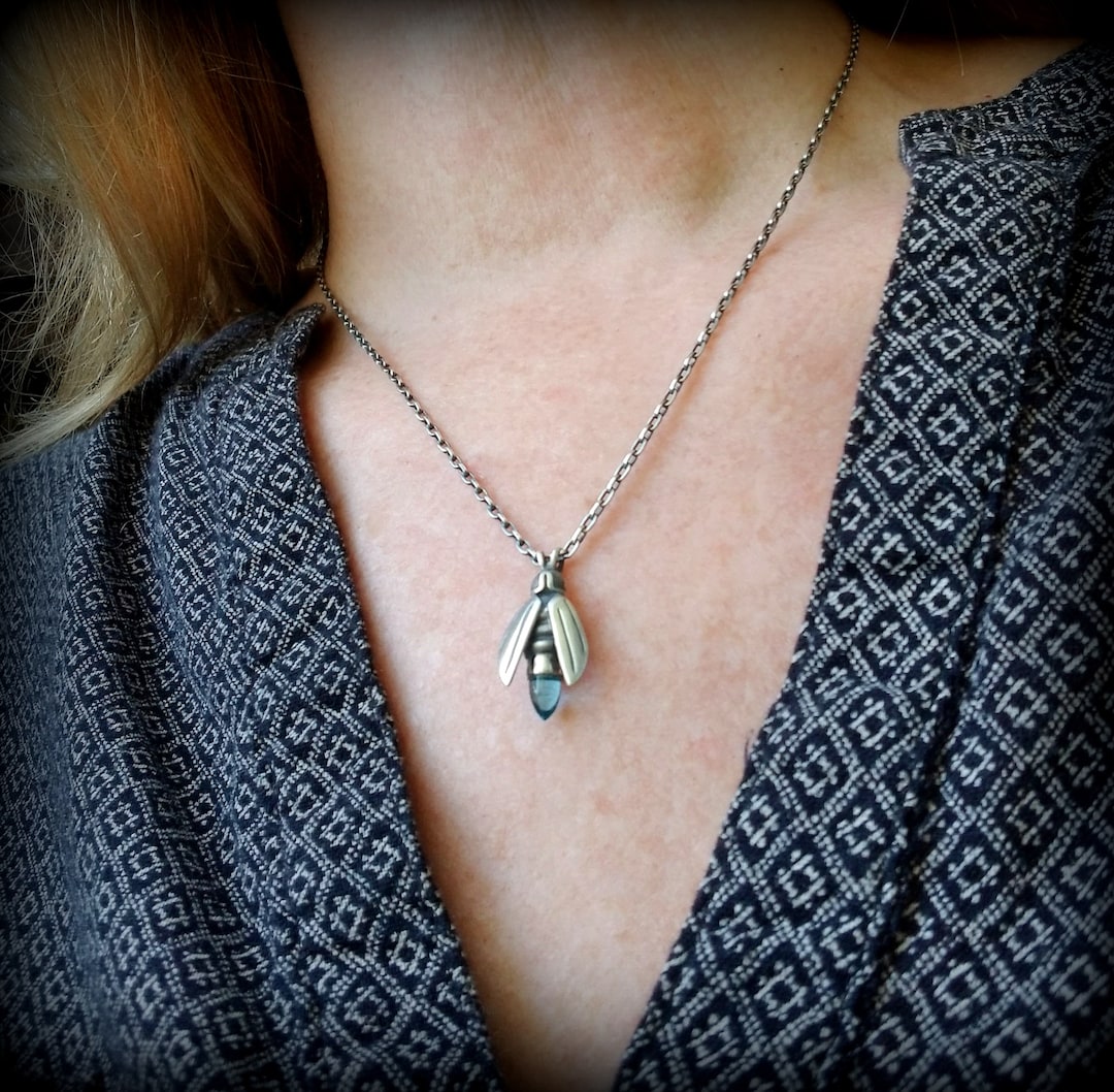 Blue Ghost Firefly Necklace, Gemstone Firefly Necklace, Sterling Insect ...
