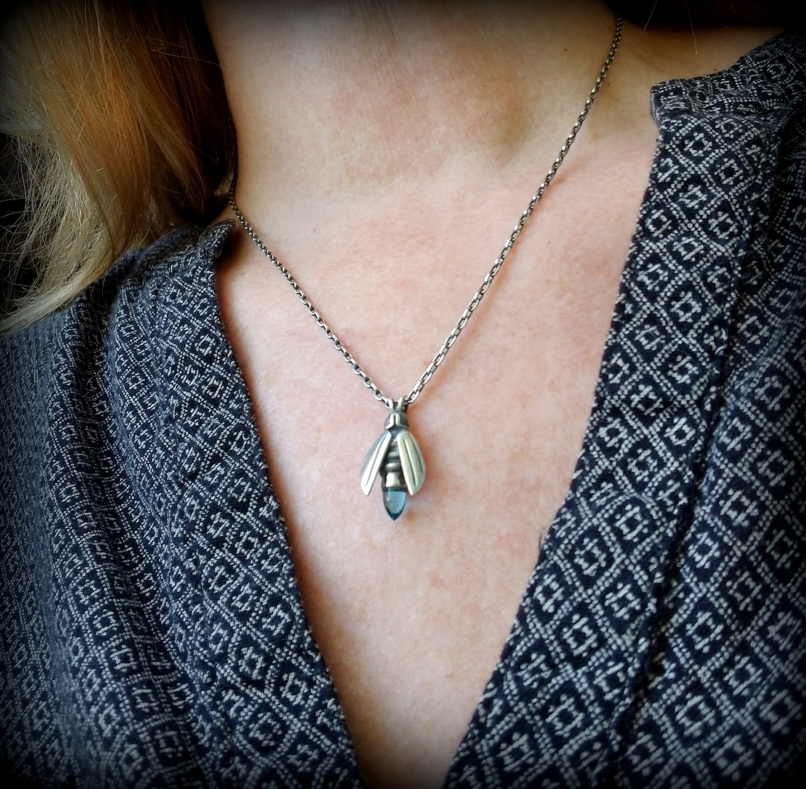 Blue Ghost Firefly Necklace, Gemstone Firefly Necklace, Sterling Insect ...
