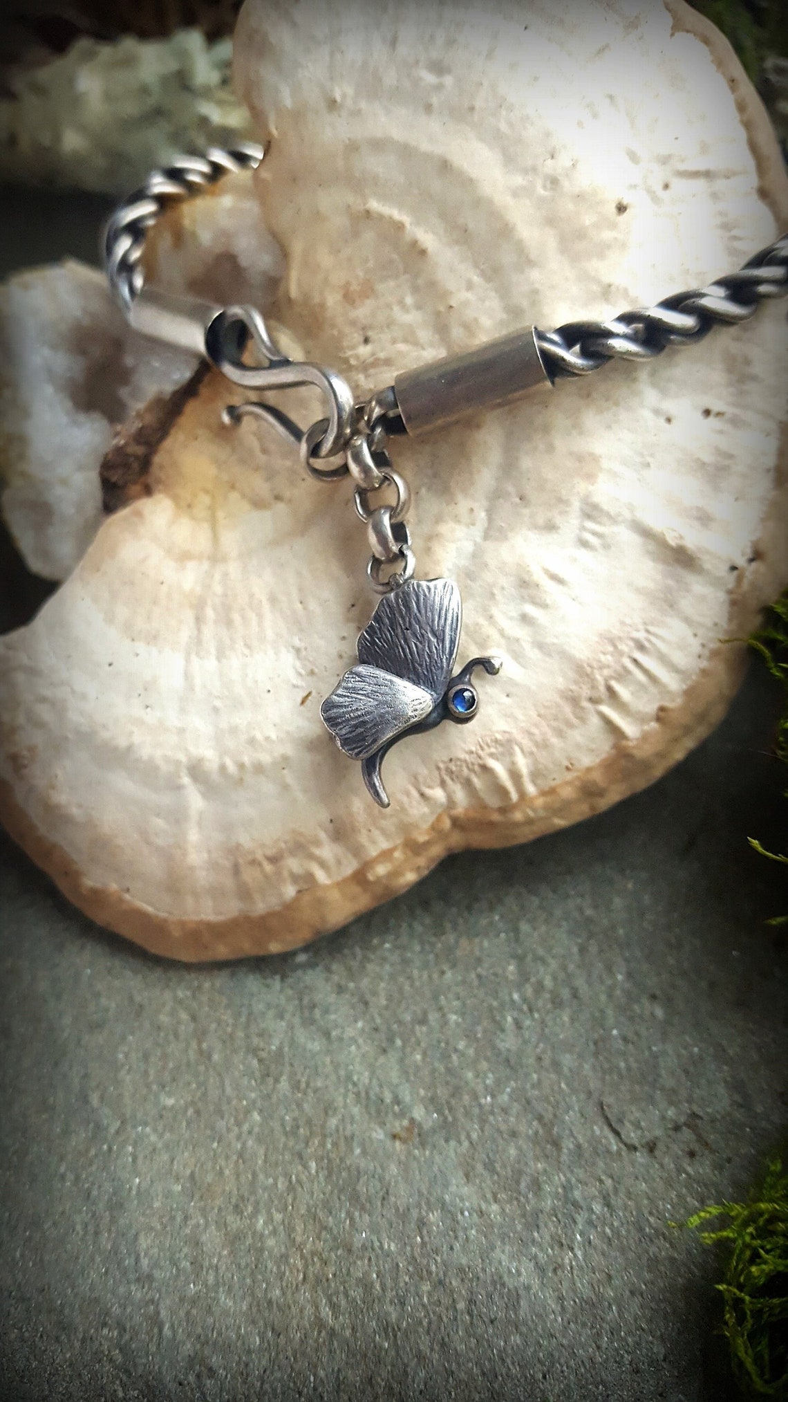 Moth Bracelet on Twisted Rope With Ruby Emerald or Sapphire | Etsy