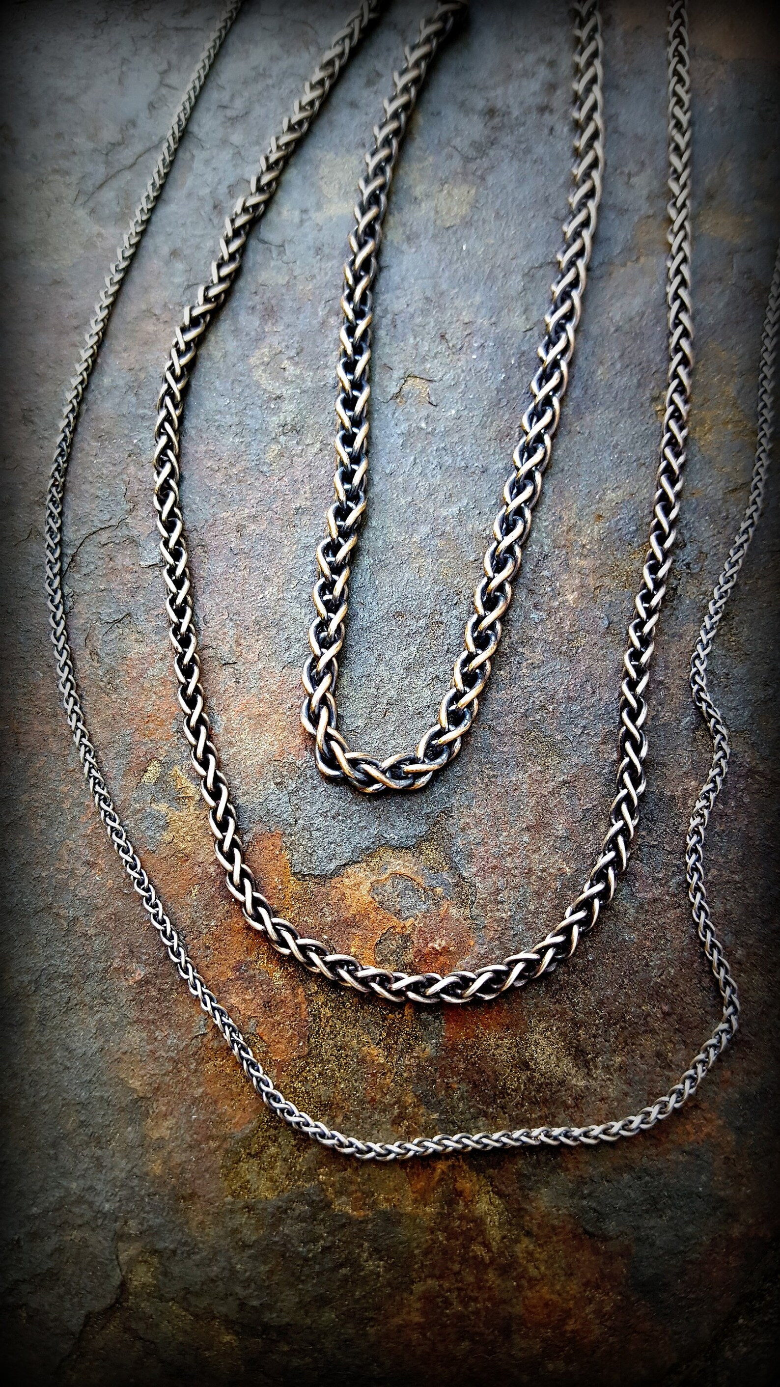Men's Woven Sterling Silver Spiga Chain Necklace, Antiqued Snake Chain ...
