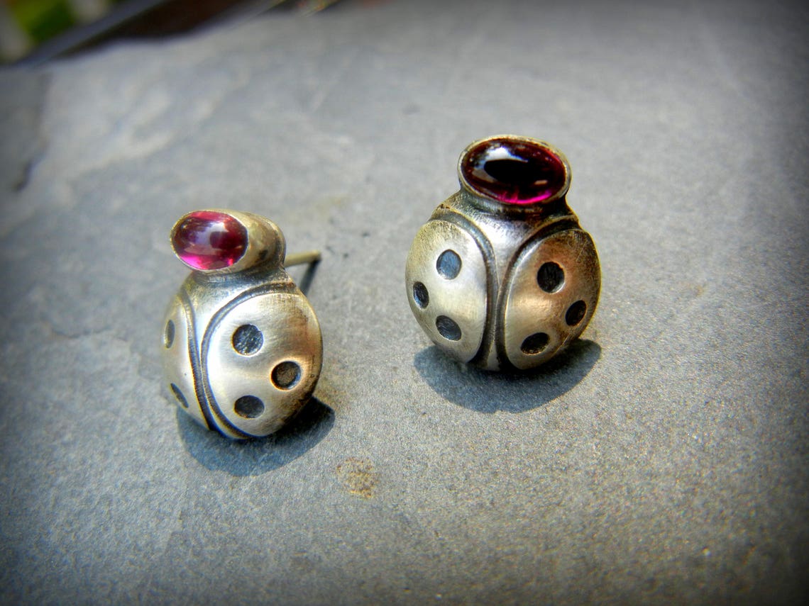 Ladybug Earrings Silver Ladybugs Gemstone Ladybug Stud | Etsy