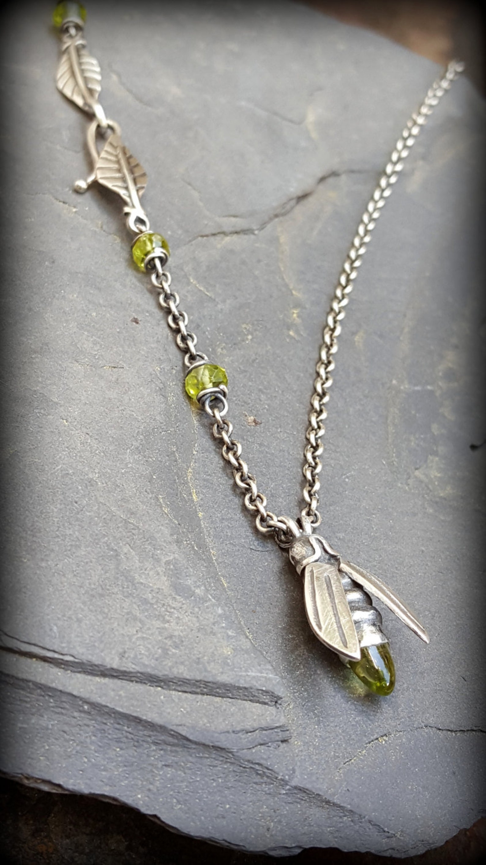 Sterling Silver Firefly Necklace, Gemstone Amulet, Leaf Clasp - Etsy