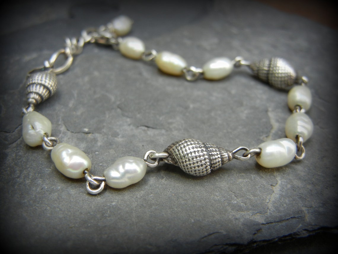 Snail Shell Bracelet, Pearl and Shell Bracelet, Antiqued Silver ...