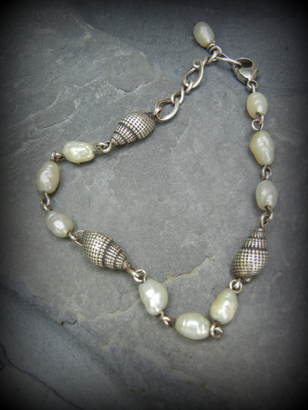 Snail Shell Bracelet, Pearl and Shell Bracelet, Antiqued Silver ...