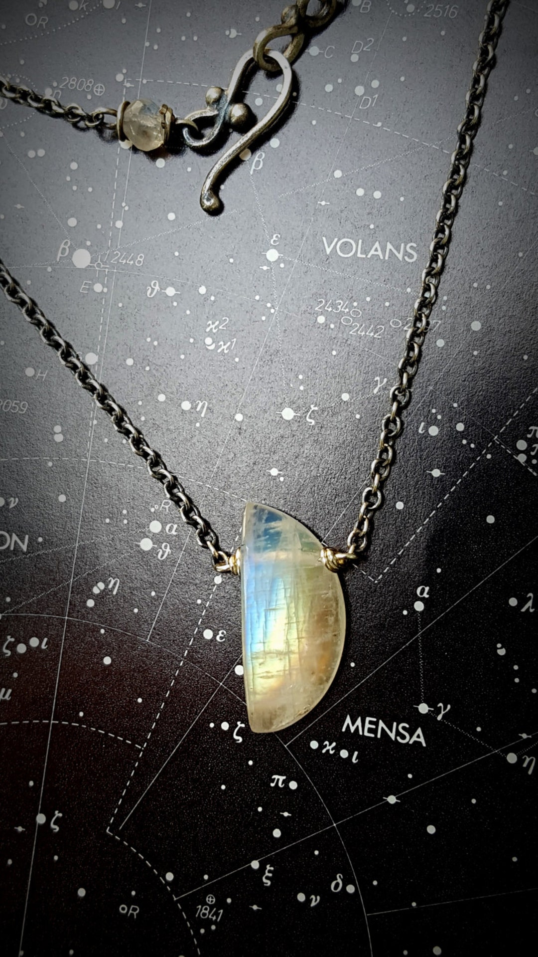 Moon Phase Necklace, Rainbow Moonstone Slab Necklace, Petite Crescent ...