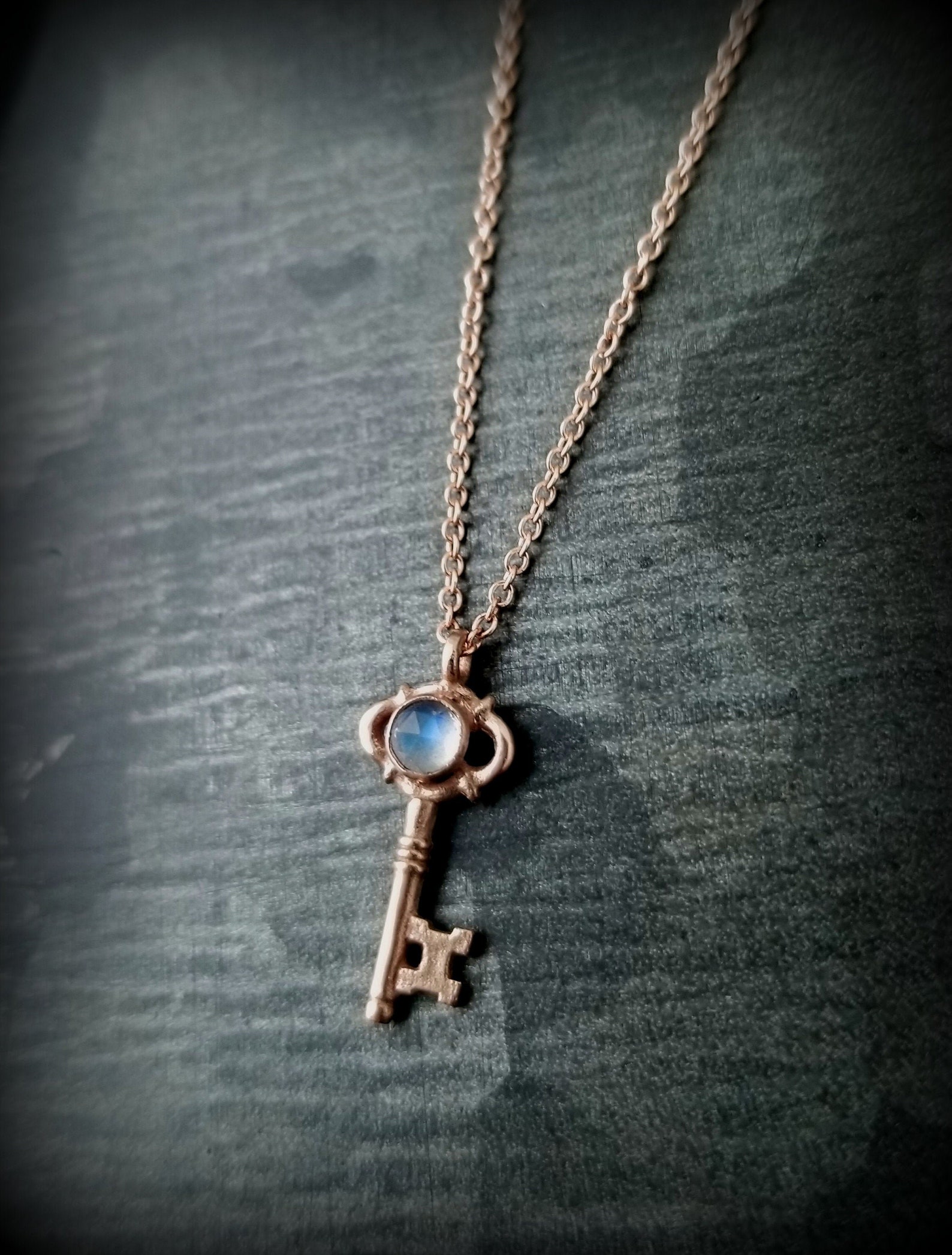 14k Gold Antique Key Necklace, Cybele Key Necklace, Gemstone Skeleton ...