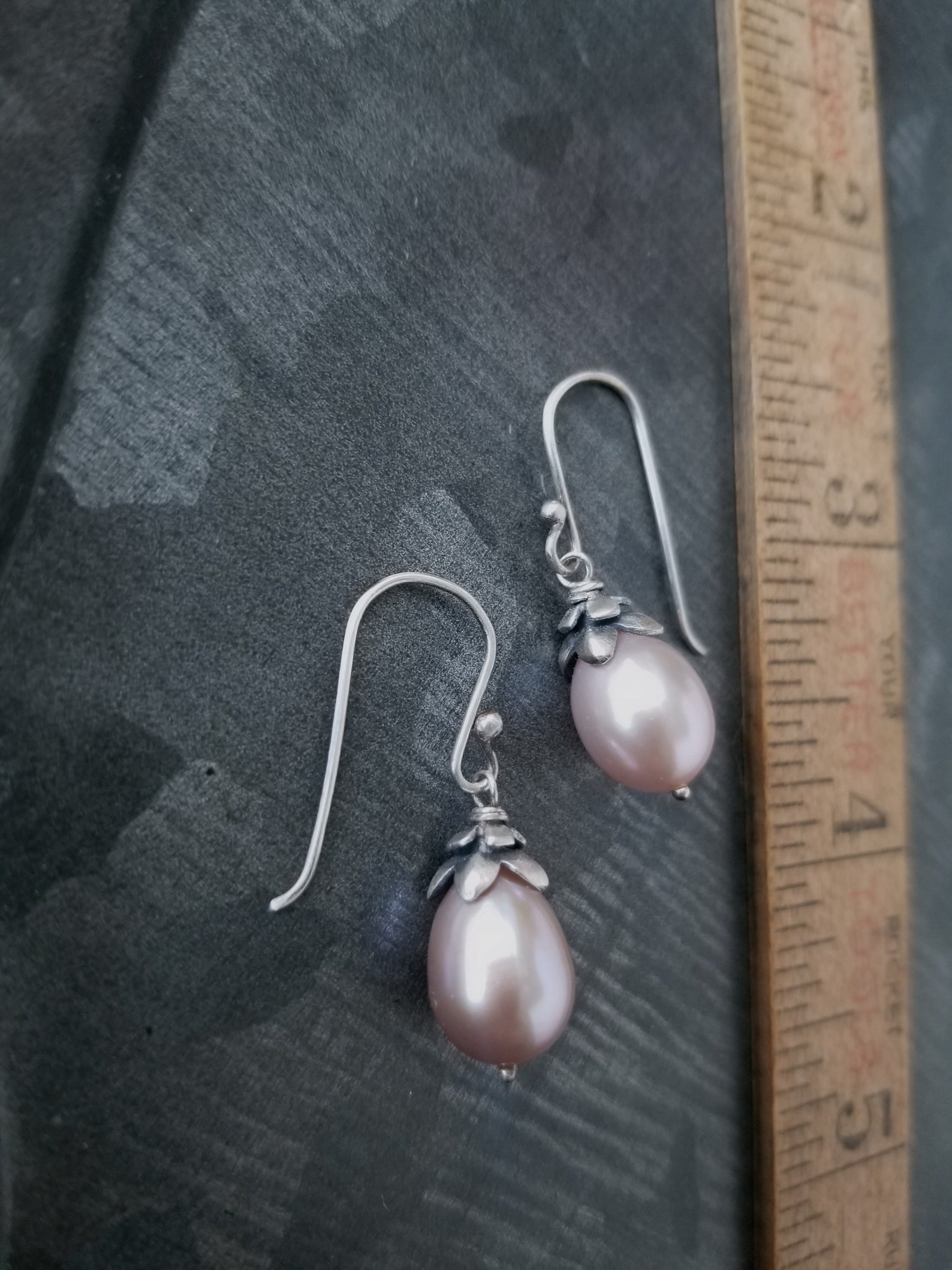 Pink Pearl Earrings, Sterling Capped Pink Pearls, Floral Earrings ...