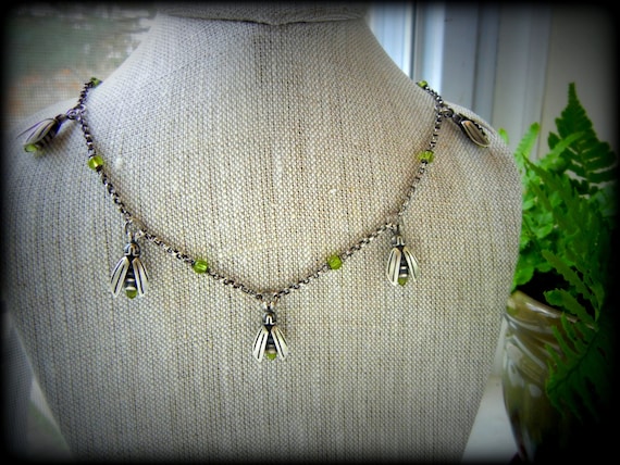 Silver Firefly Necklace Sterling Multi Firefly Necklace Beaded Sterling Charm Necklace Silver Insect Statement Necklace Lightening Bug