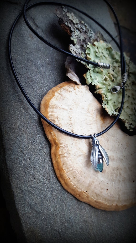 Blueghost Firefly on Leather Silver Firefly Necklace Blue - Etsy