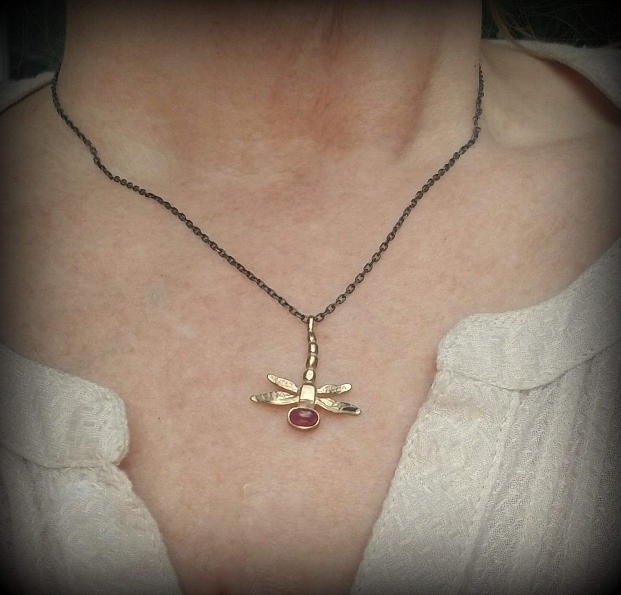 14k Gold Dragonfly Necklace Set With Ruby, OX SS Chain, 14k Emerald ...