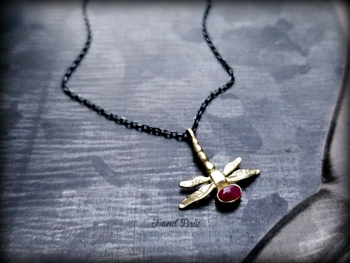 14k Gold Dragonfly Necklace Set With Ruby, OX SS Chain, 14k Emerald ...