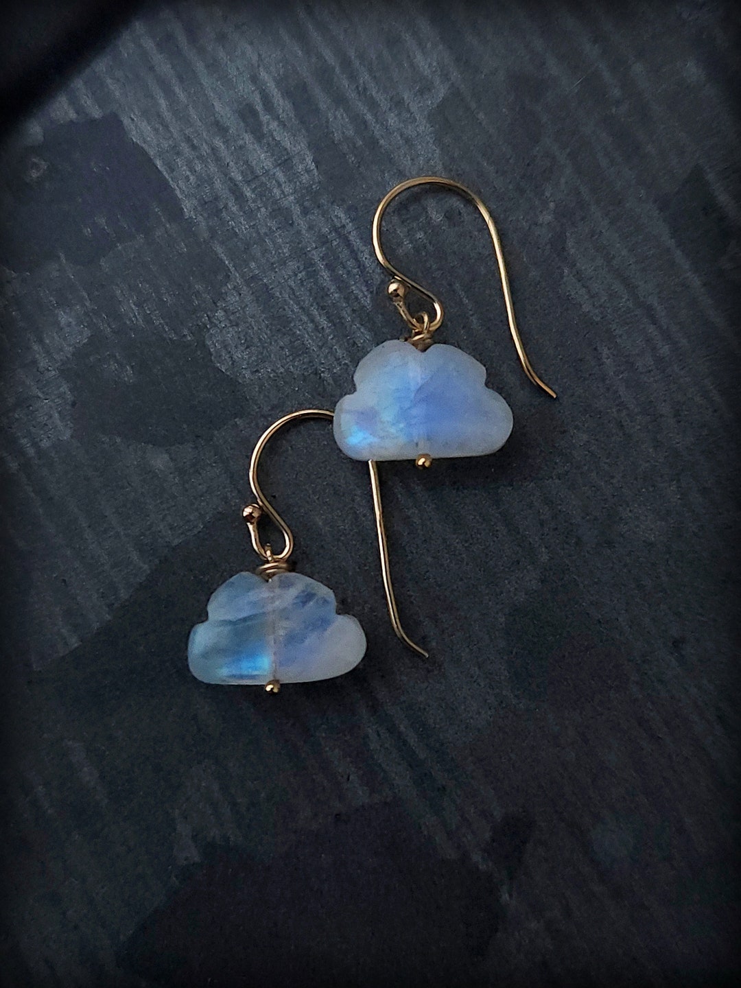 14k and Moonstone Cloud Earrings, Solid Gold Cloud Earrings, Cloud Drops, Rainbow Moonstone ...