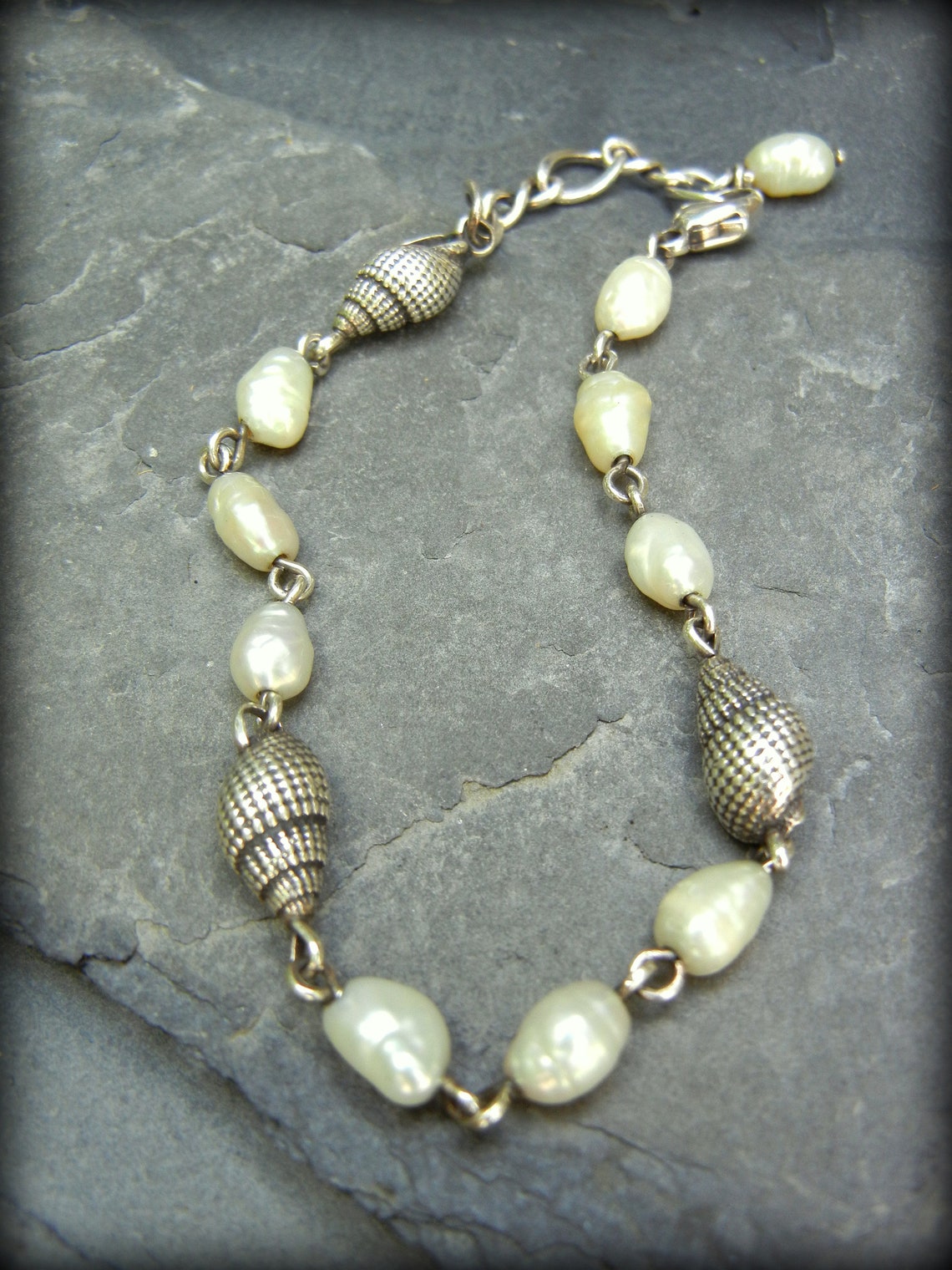 Snail Shell Bracelet, Pearl and Shell Bracelet, Antiqued Silver ...