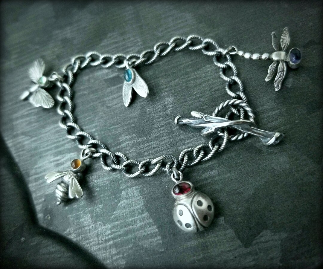 Nature Charm Bracelet, Sterling Insect Charm Bracelet, Modern ...