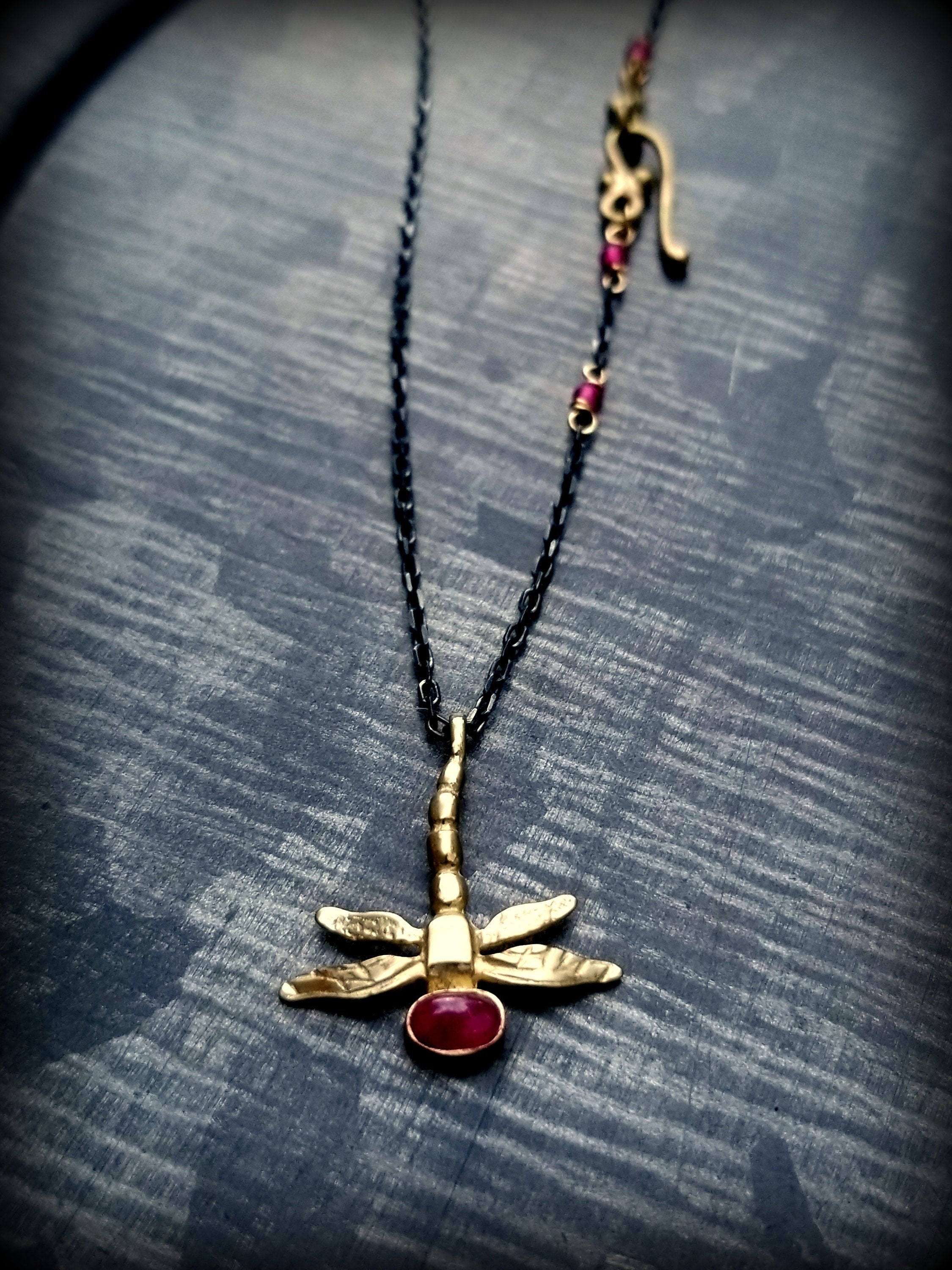 14k Gold Dragonfly Necklace Set With Ruby, OX SS Chain, 14k Emerald ...