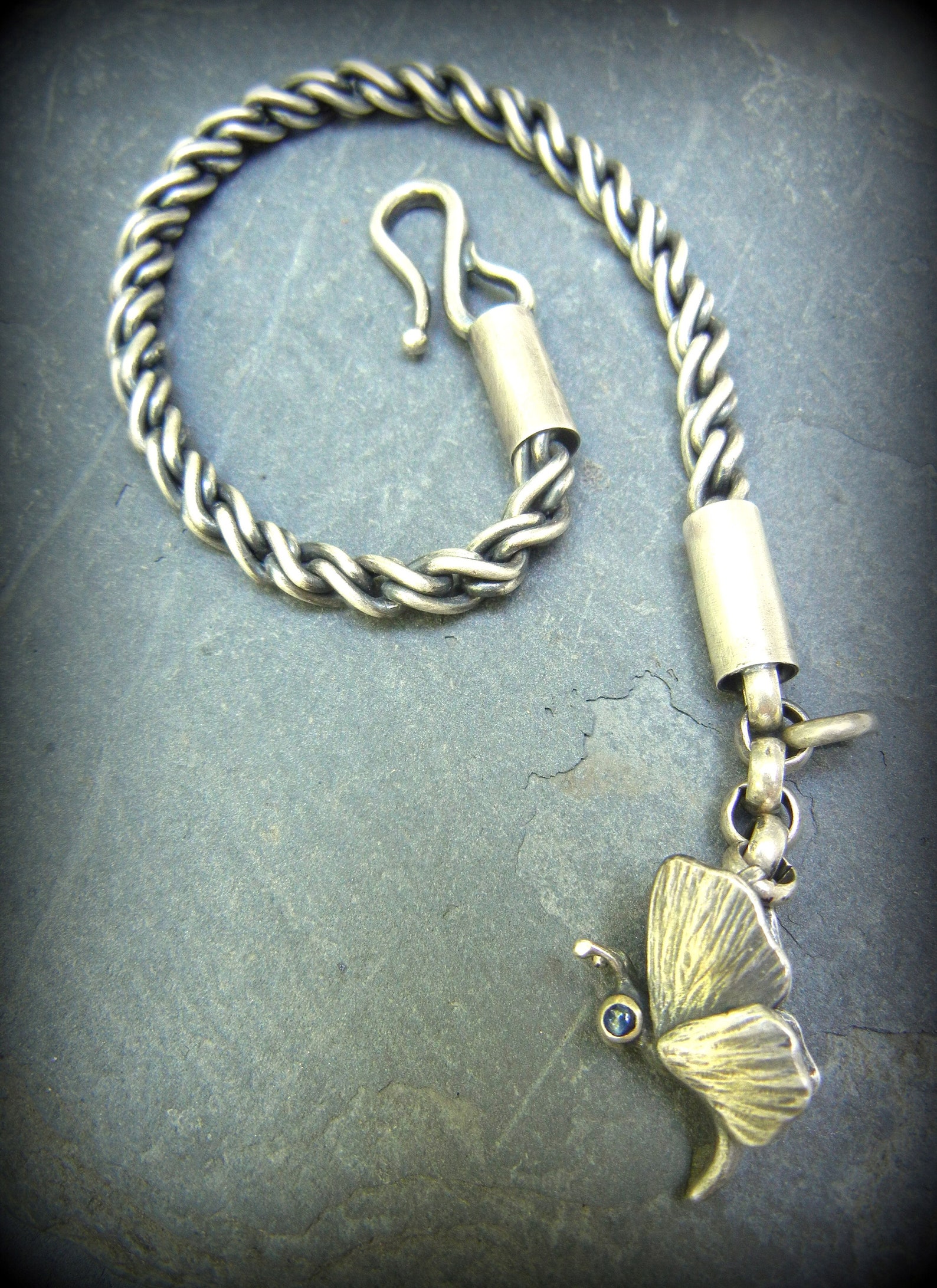 Moth Bracelet on Twisted Rope With Ruby Emerald or Sapphire - Etsy