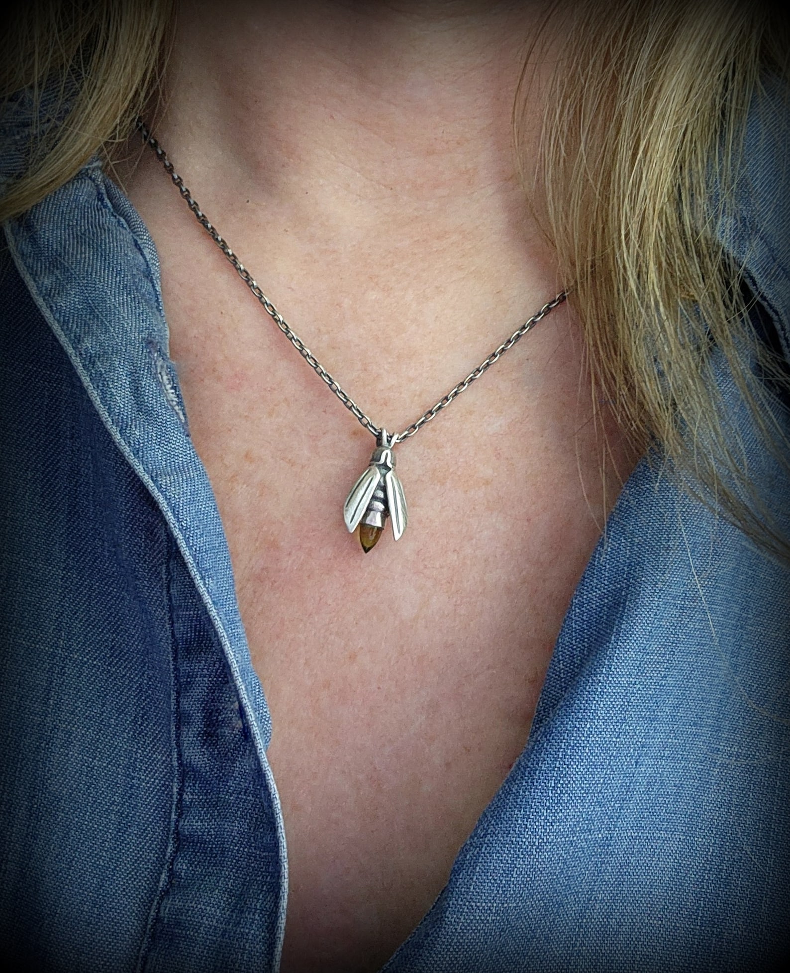 Firefly Necklace, Citrine Firefly, Sterling Insect Amulet, Firefly ...