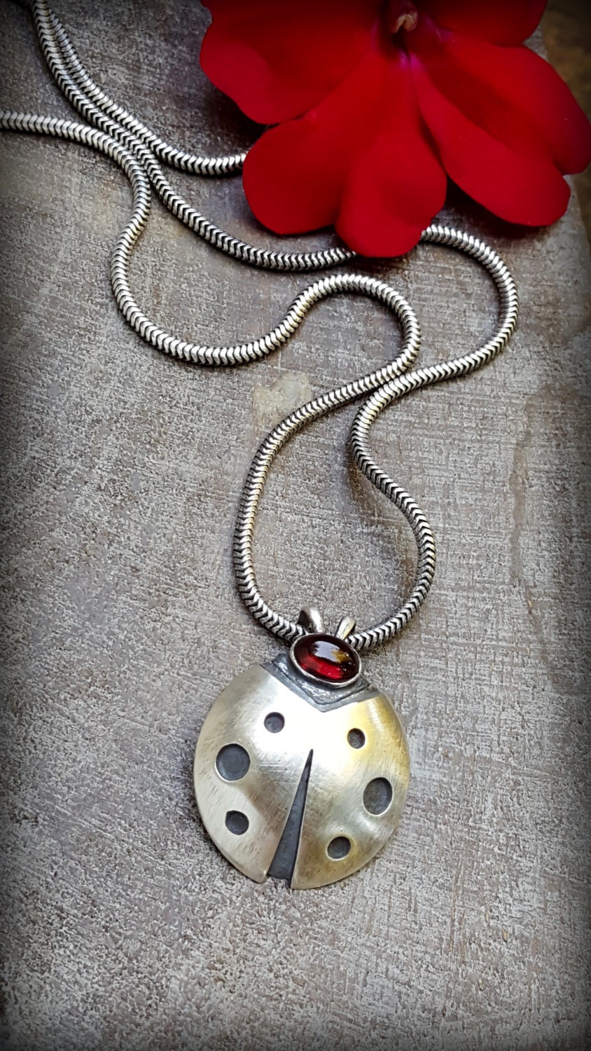 Ladybird Necklace, Garnet Sterling Ladybug, Gemstone Ladybug Necklace ...