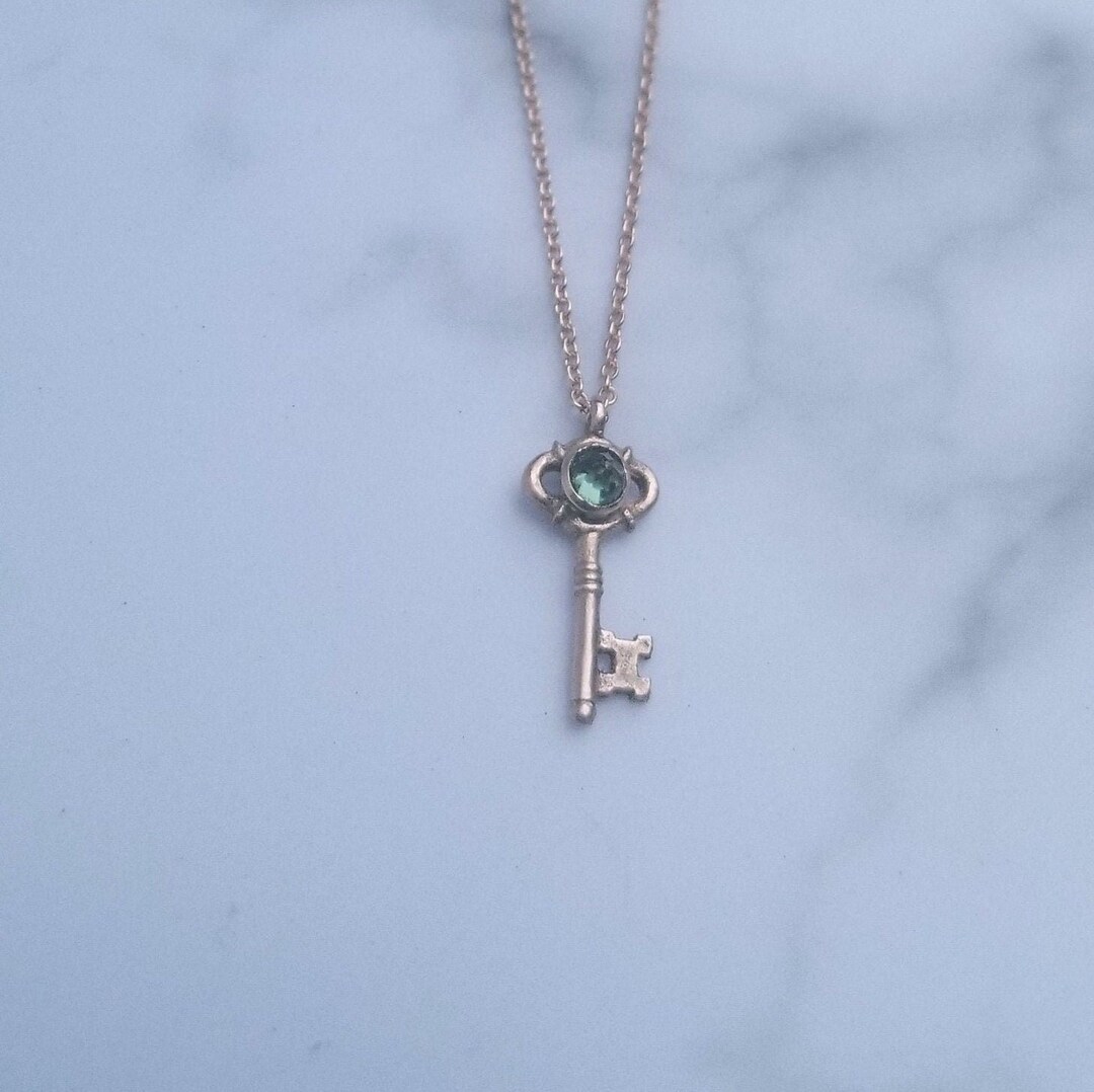 14k Rose Gold Antique Key Necklace, Ready to Ship, Green Tourmaline Key ...
