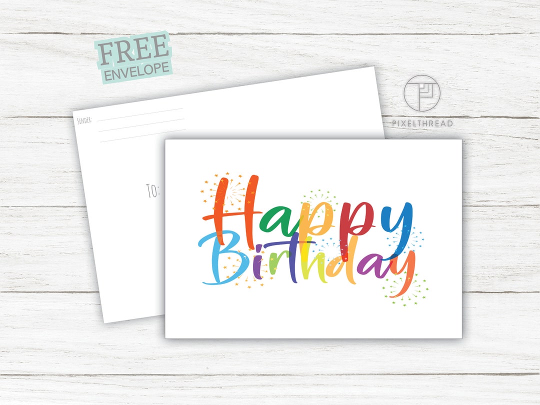 Colorful Happy Birthday Script Card Envelope Digital Birthday Card ...