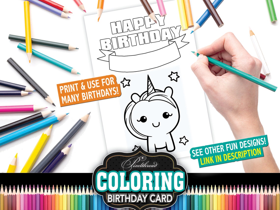 Unicorn Coloring Colouring Birthday Card Sheet Page Kid Activity ...