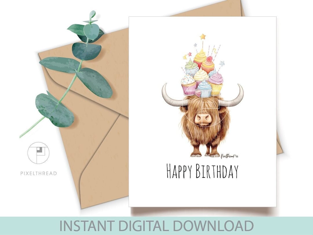 Printable Highland Cow Birthday Card Digital Birthday Cow Card ...