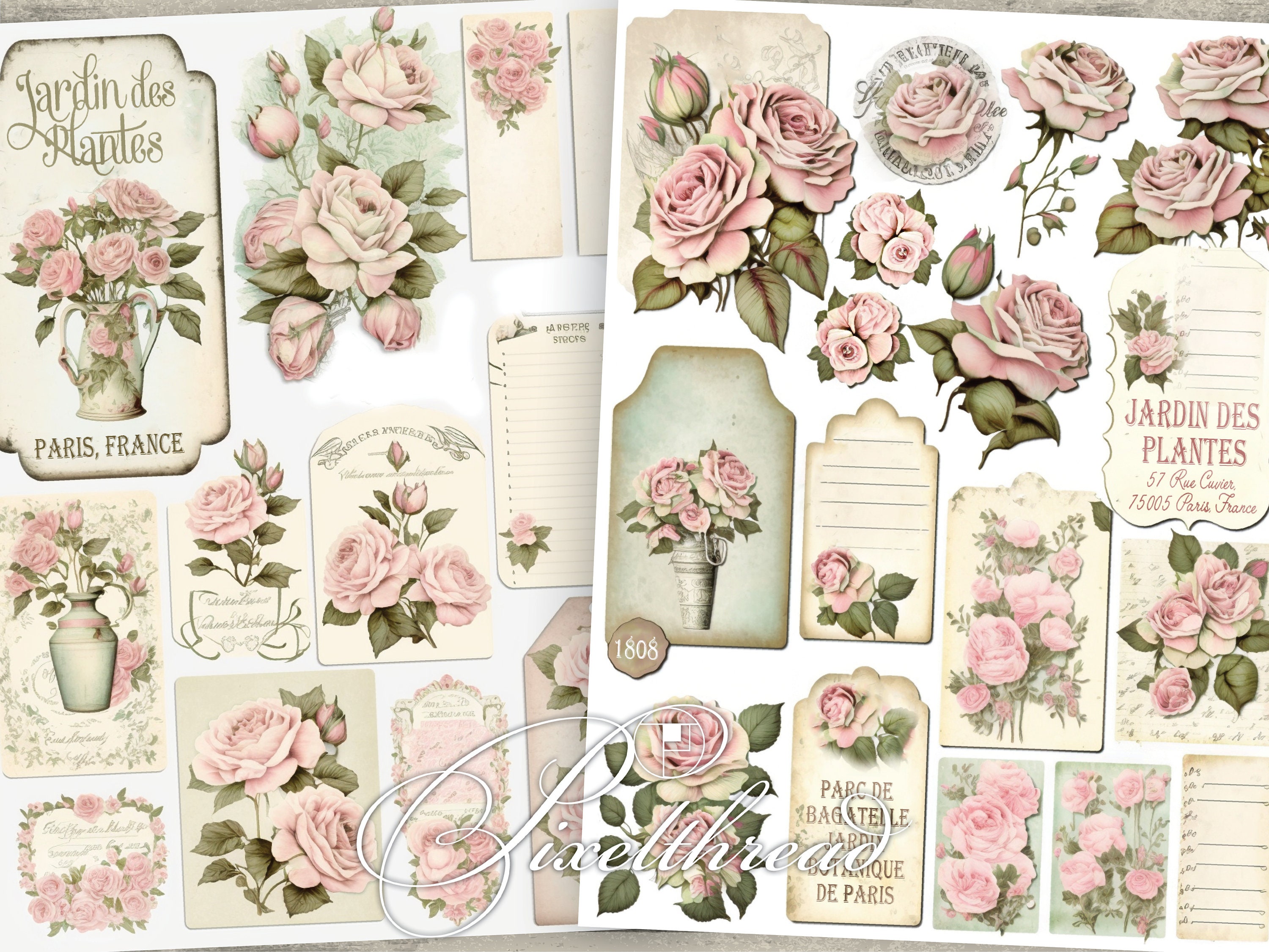 200 Antique Shabby Vintage Botanical Floral Rose Printable Digital Junk ...