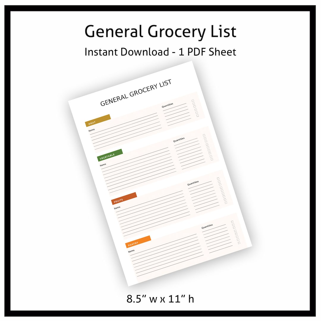 General Grocery List Instant Download PDF Digital Personal Commercial ...