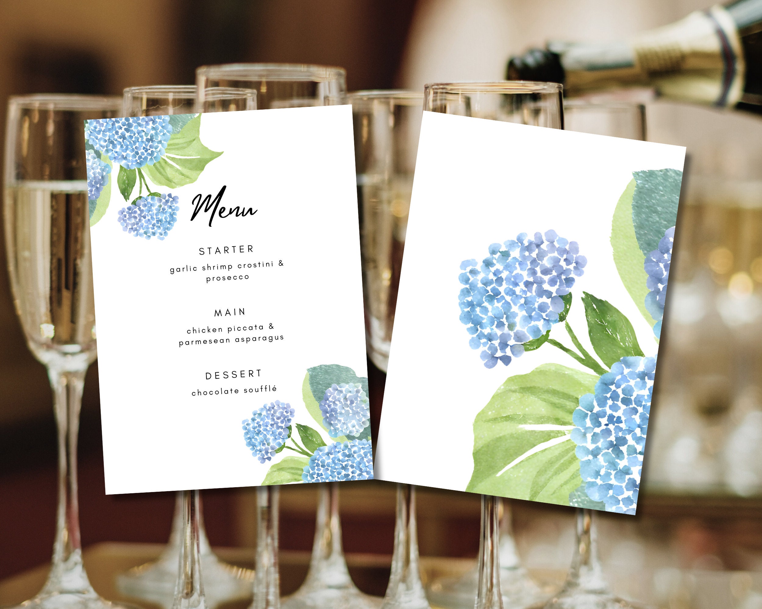 Blue Hydrangea Dinner Party Menu | Illustrated Hydrangea Water Color ...