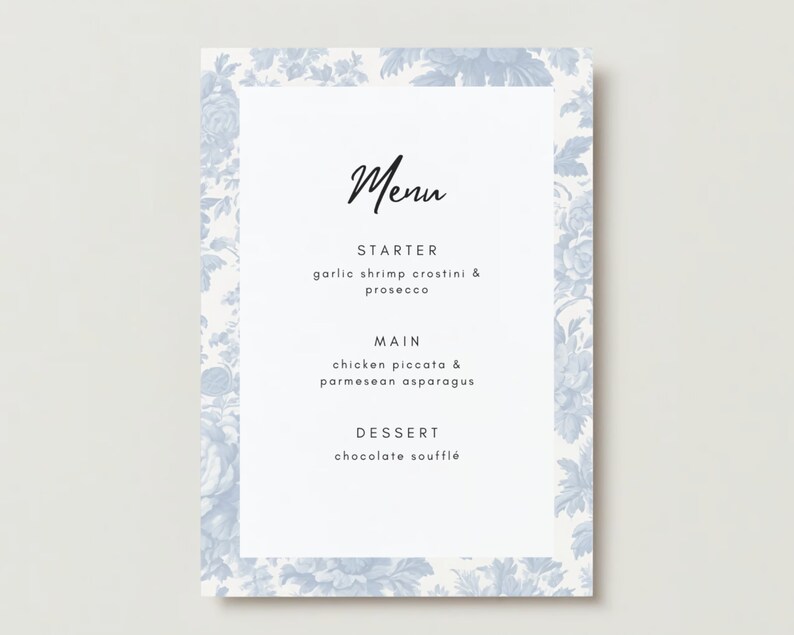 Let's Dinner Party Menu | Blue Toile Floral Pattern | Vintage French ...