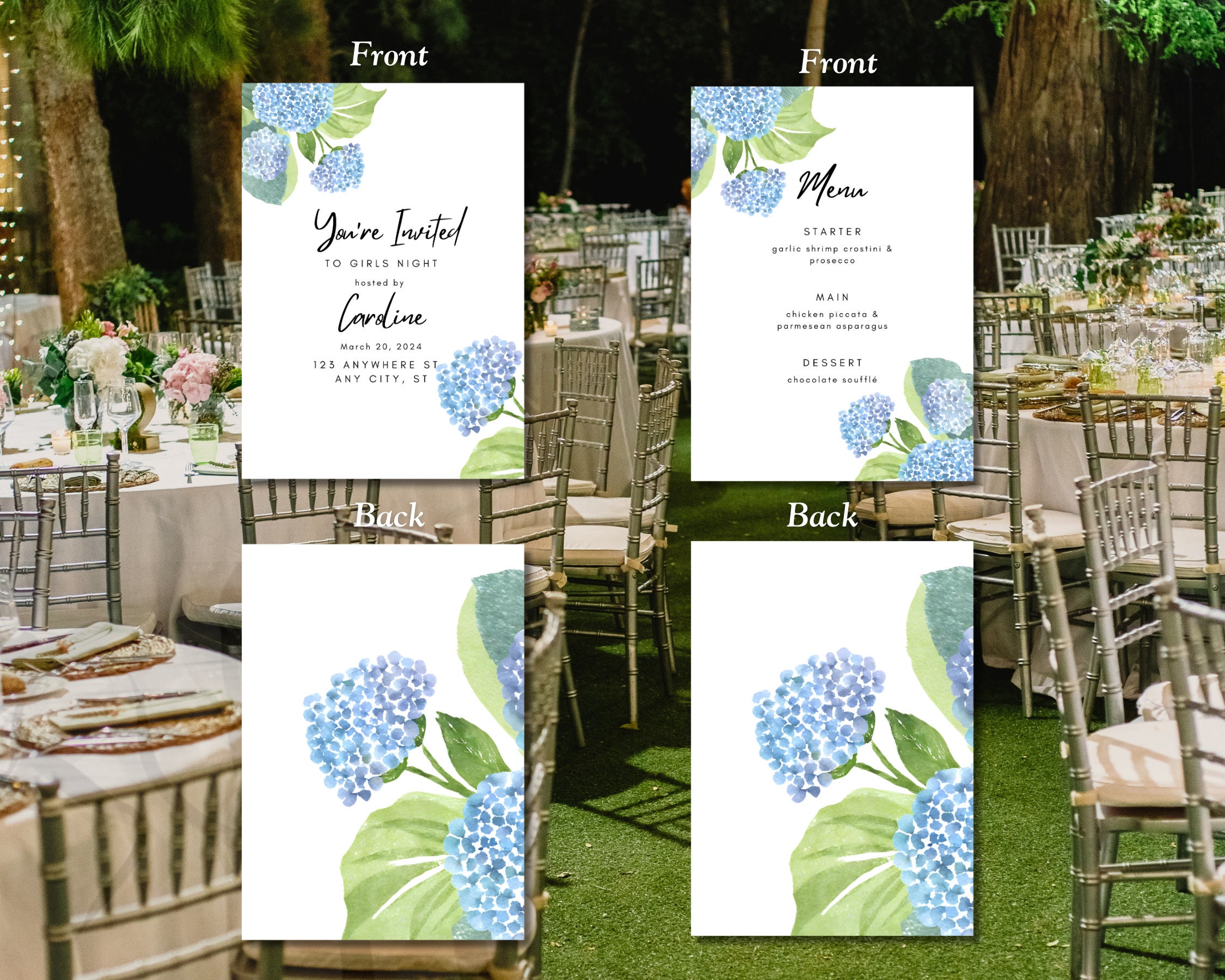 Blue Hydrangea Invitation & Menu | Grandmillennial Style Dinner Party ...