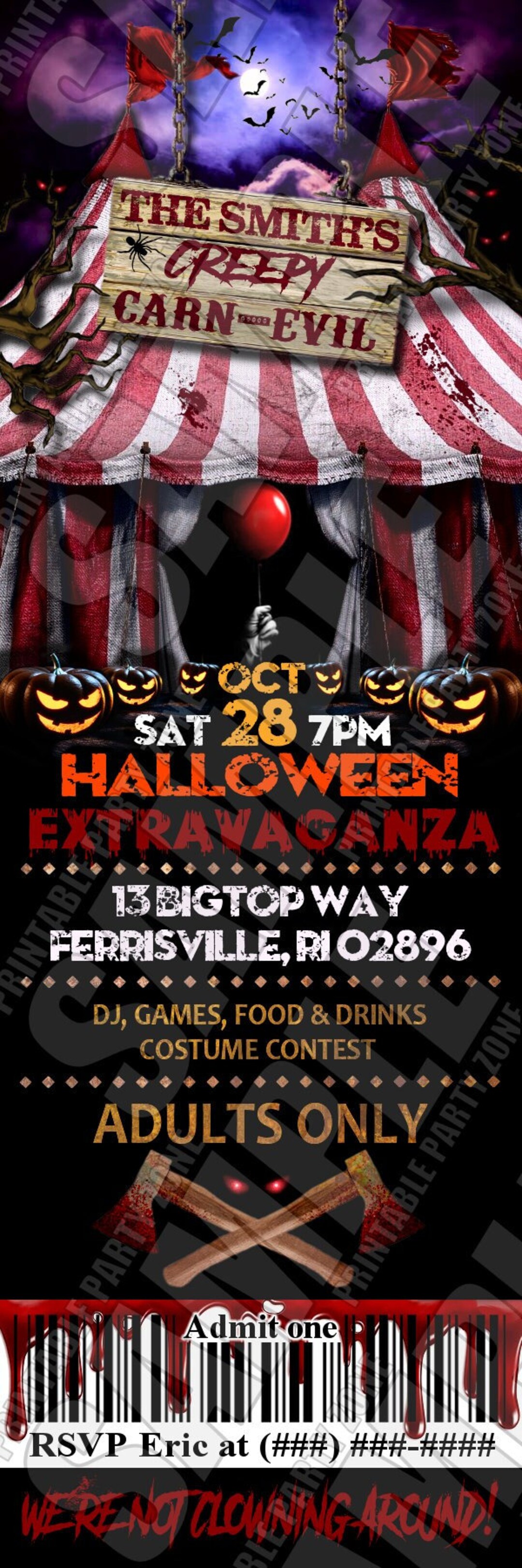 CREEPY CARNIVAL Ticket Invitation Printable or Online Use Invite evite ...