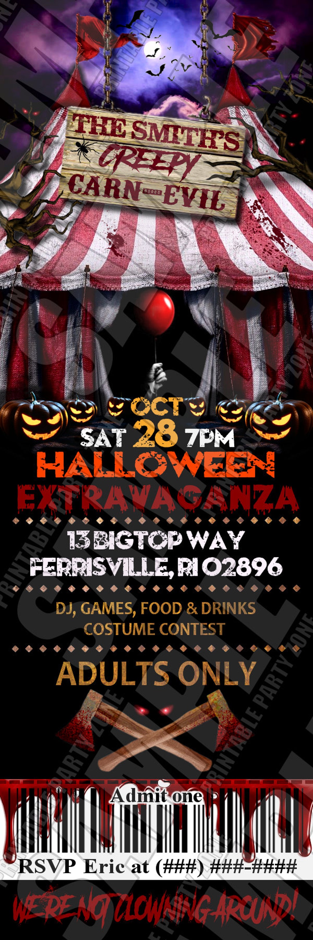 CREEPY CARNIVAL Ticket Invitation, Printable or Online Use Invite evite ...