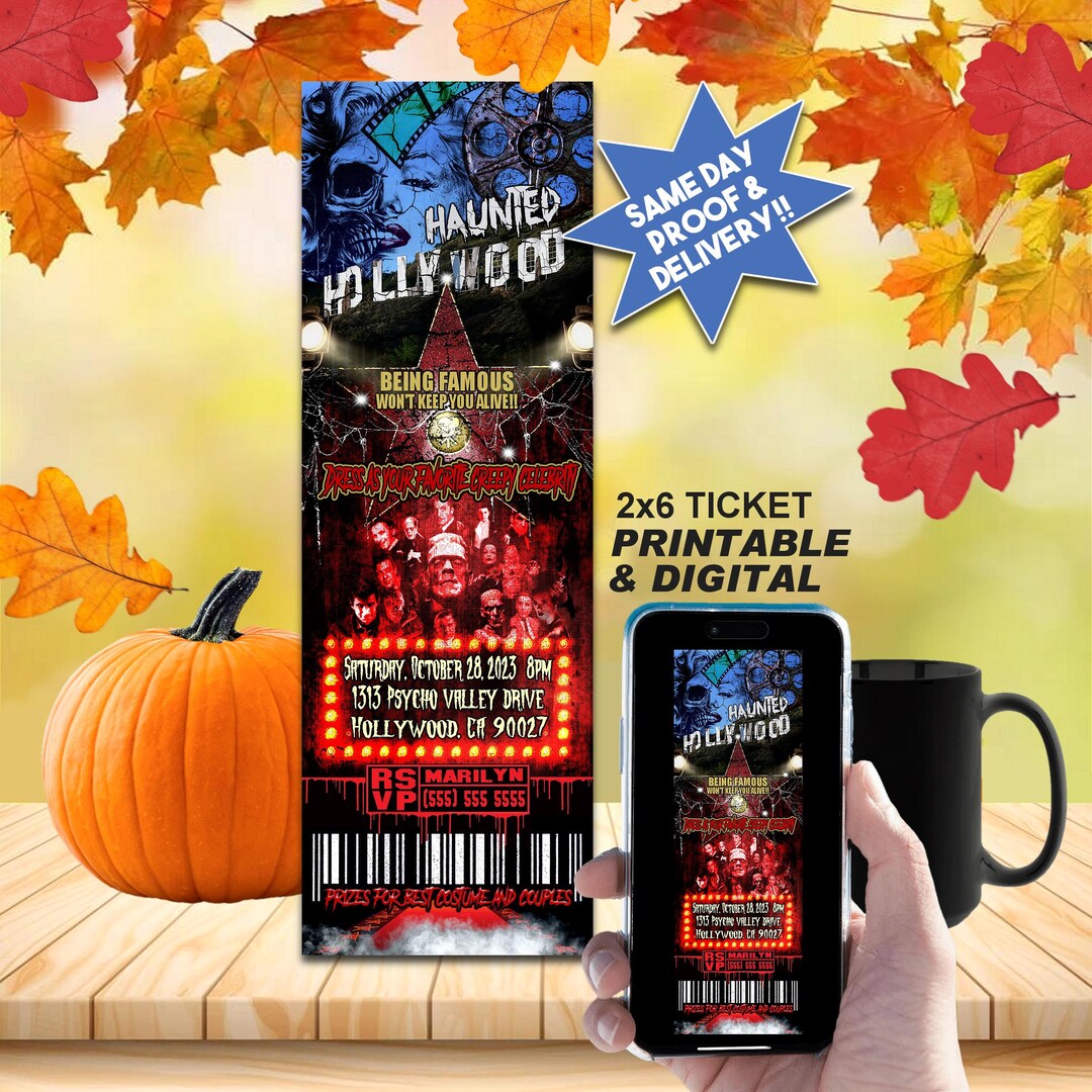 HAUNTED HOLLYWOOD INVITE Ticket, Printable or Online Use, Creepy and ...