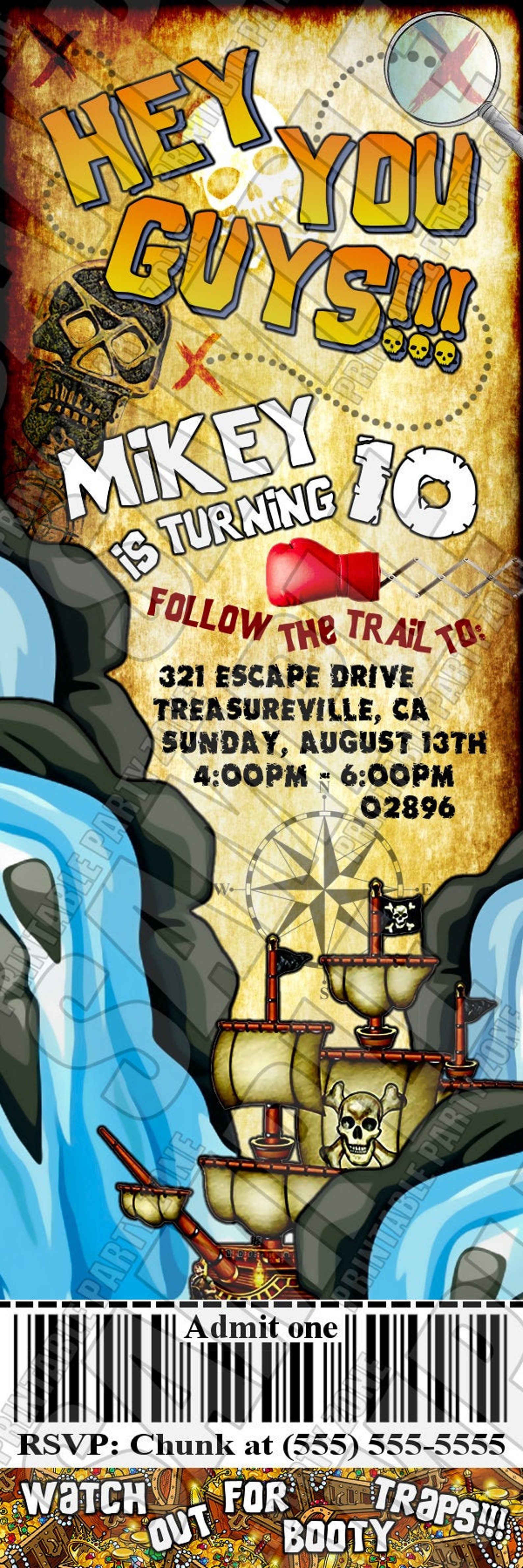 GOONIES INSPIRED INVITE, Printable Birthday Ticket or Online Use Invite ...