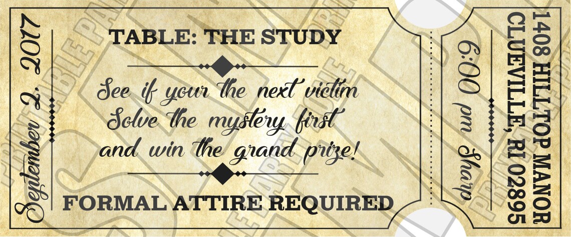 MURDER MYSTERY Ticket Invitation-diy Printable Invite Front & - Etsy
