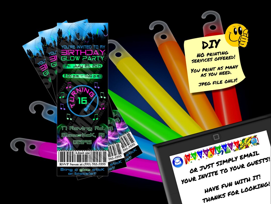 BIRTHDAY GLOW PARTY Ticket Invitation Printable Invite or - Etsy