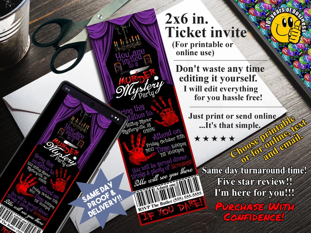 MURDER MYSTERY PARTY, Printable Ticket or Online Use, Scary and Fun ...