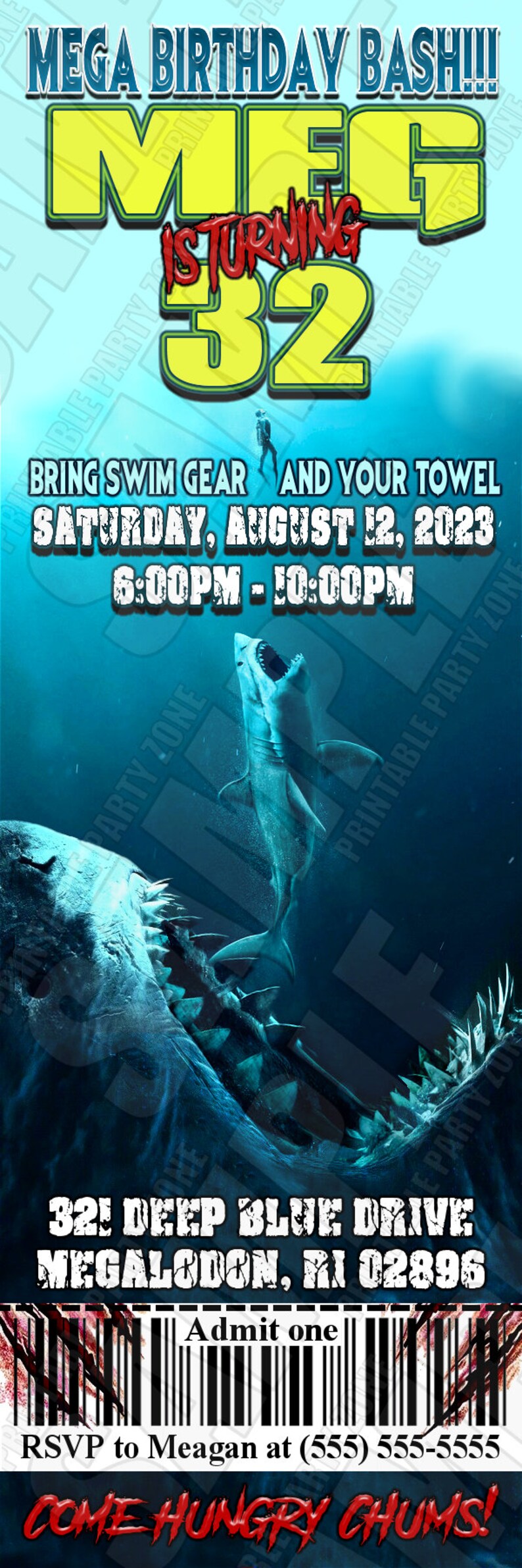 MEGALODON SHARK BIRTHDAY Invite, Pool Party Ticket, Printable Invite or ...