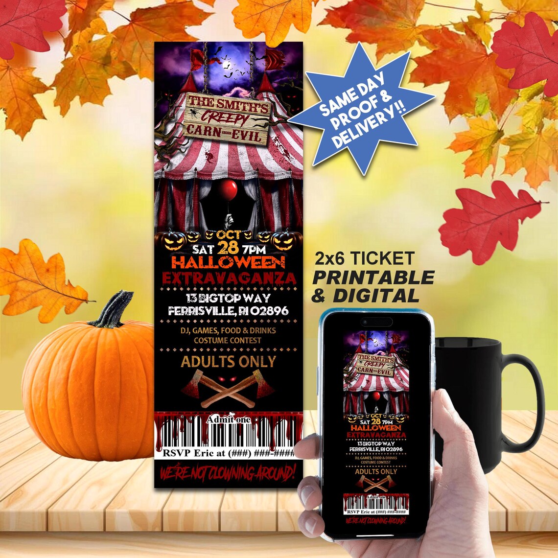 CREEPY CARNIVAL Ticket Invitation, Printable or Online Use Invite ...