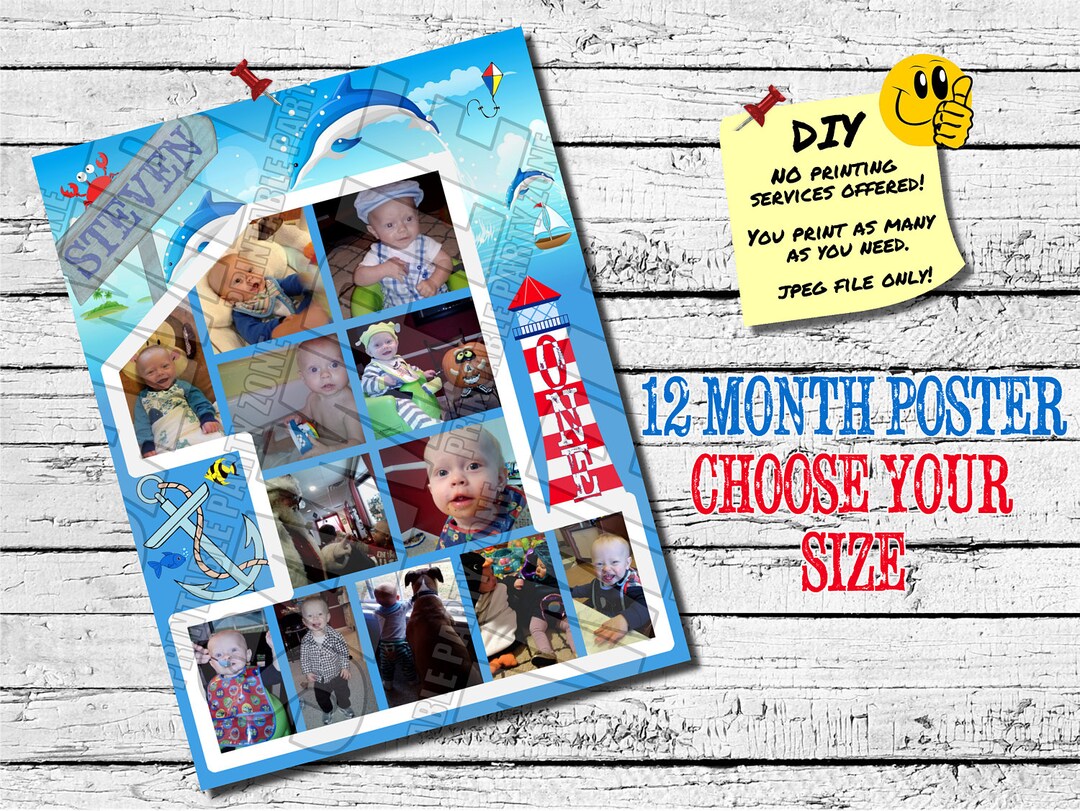 12 Month Birthday Collage Poster OCEAN-BEACH-DOLPHINS Add Your 12 ...