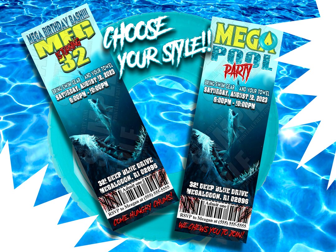 MEGALODON SHARK BIRTHDAY Invite, Pool Party Ticket, Printable Invite or ...